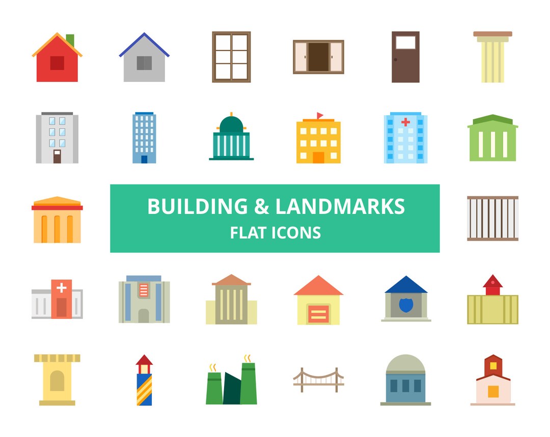50 Buildings & Landmarks Flat Icons AI Cdr EPS Jpg PNG Svg Real Estate ...