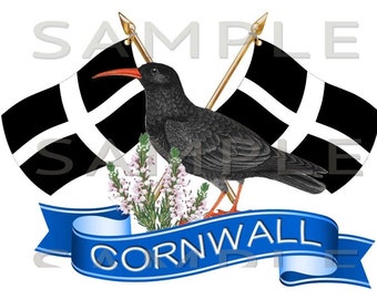 Chough on Cornish Flag Sticker Kernow Conrwall St Prian Car Van ...