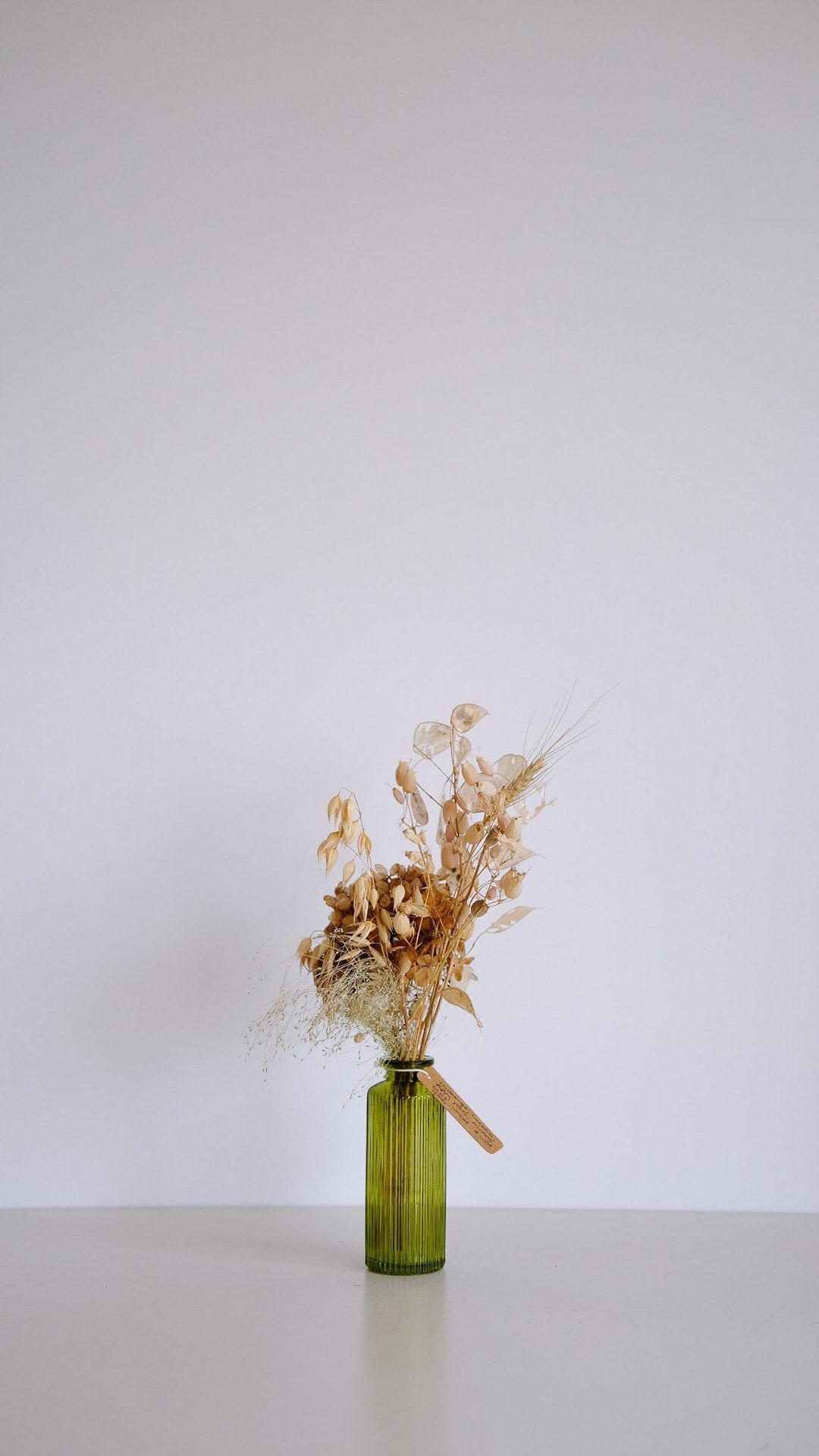 Neutral Dried Flower Bouquet With Green Glass Vase - Etsy
