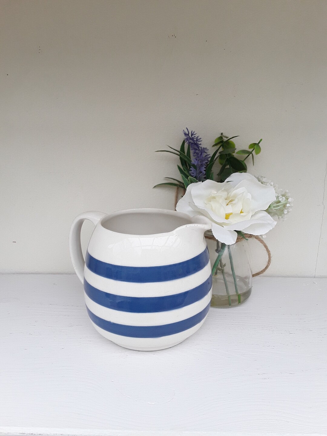 Vintage, Blue and White 'cornishware' Style Round Milk Jug. Country Cottage Blue and White China ...