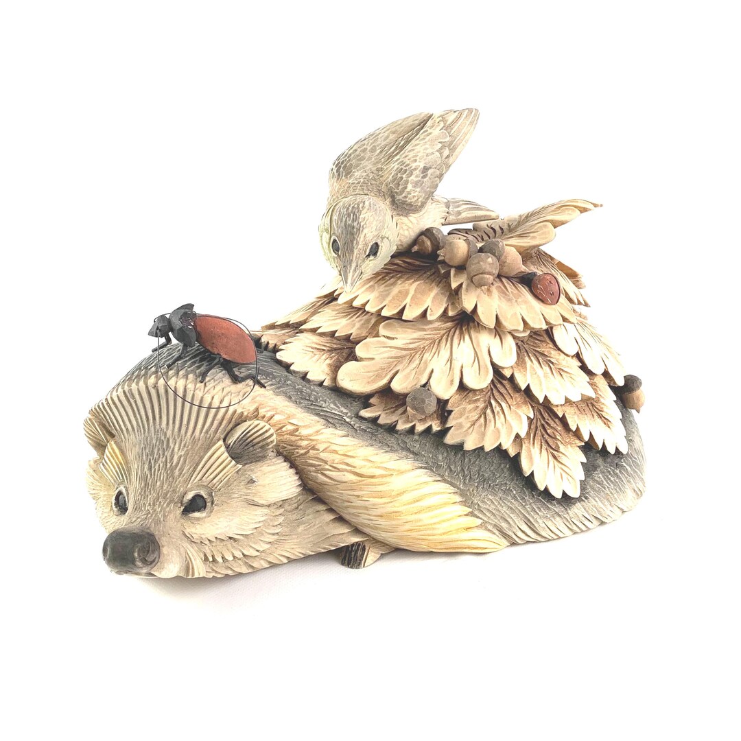 Hand Carved Linden Wood Hedgehog Jewelry Box: Sparrow & Ladybug ...