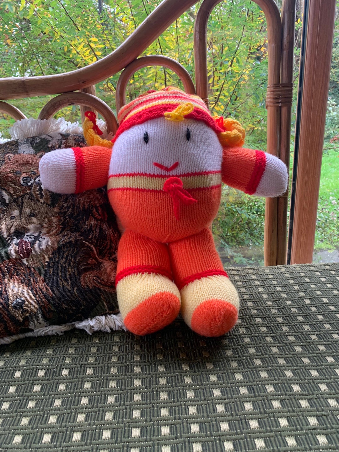 Vintage Doll, a Knitted Humpty Dumpty, Stripy Hat, Plaited Hair ...