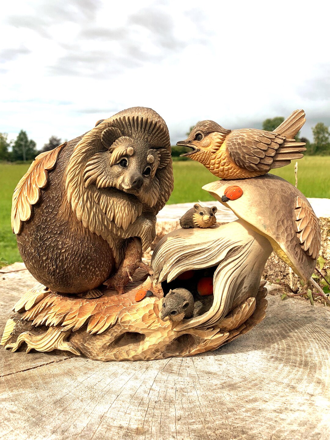Hand Carved Linden Wood Sculpture: Hedgehog, Sparrow, and Mice - Etsy