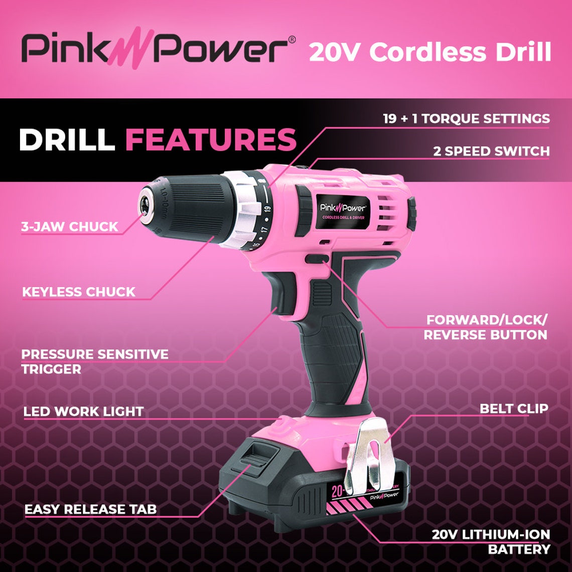 Pink Power Drill Set For Women 20v Pink Cordless Drill Driver Etsy