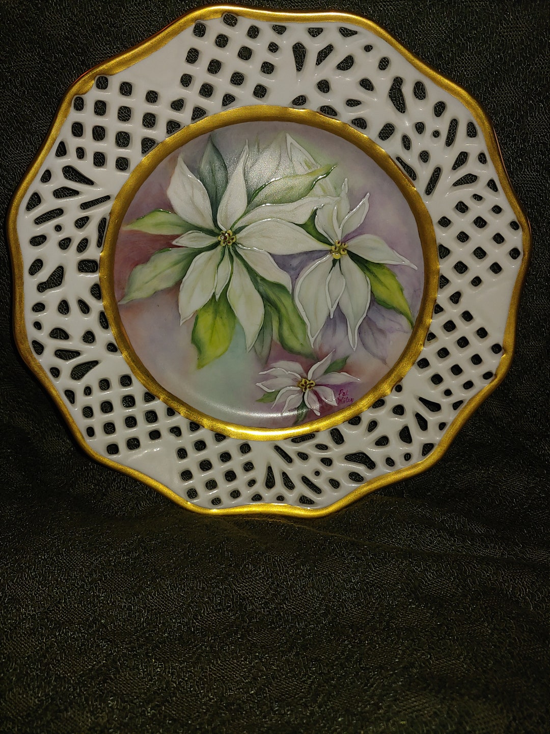 20th Century Hand Painted Poinsettia Cut Out Edge Ceramic Plate Signed ...