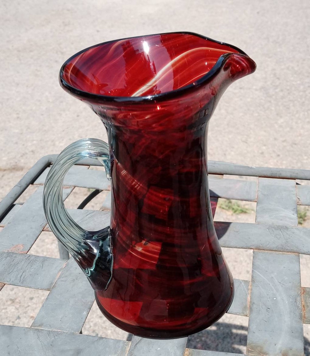 Vintage Ruby Red and Clear Swirled Glass Pitcher - Etsy