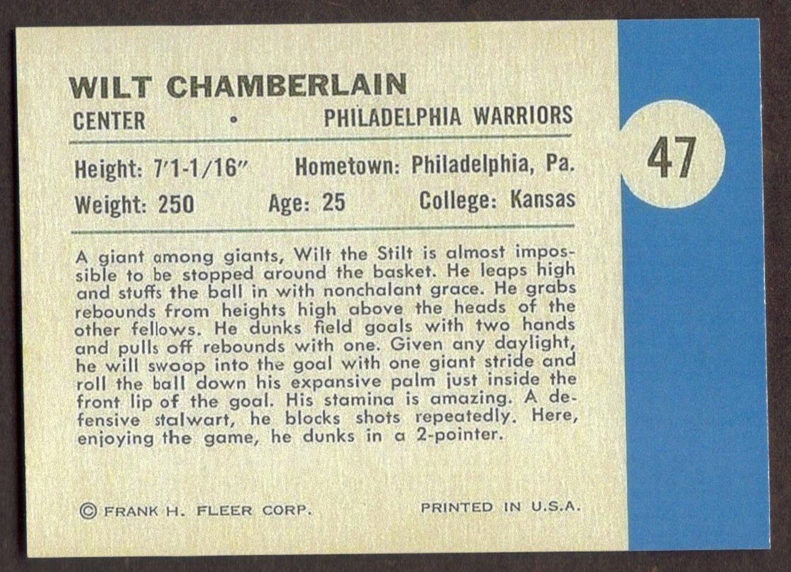 WILT CHAMBERLAIN Novelty Rookie RP Card 47 in Action Dunks | Etsy