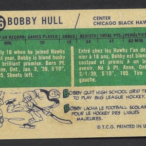 BOBBY HULL Novelty Rookie RP Card 66 Black Hawks 1958 T Free Shipping ...