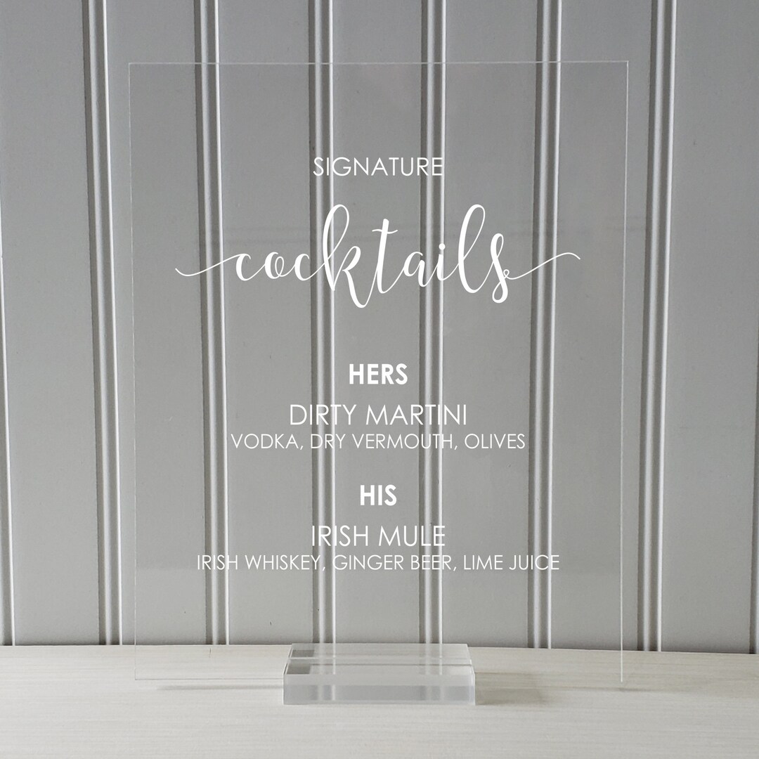 Signature Cocktails Bar Menu Sign - Wedding Reception - Clear ...