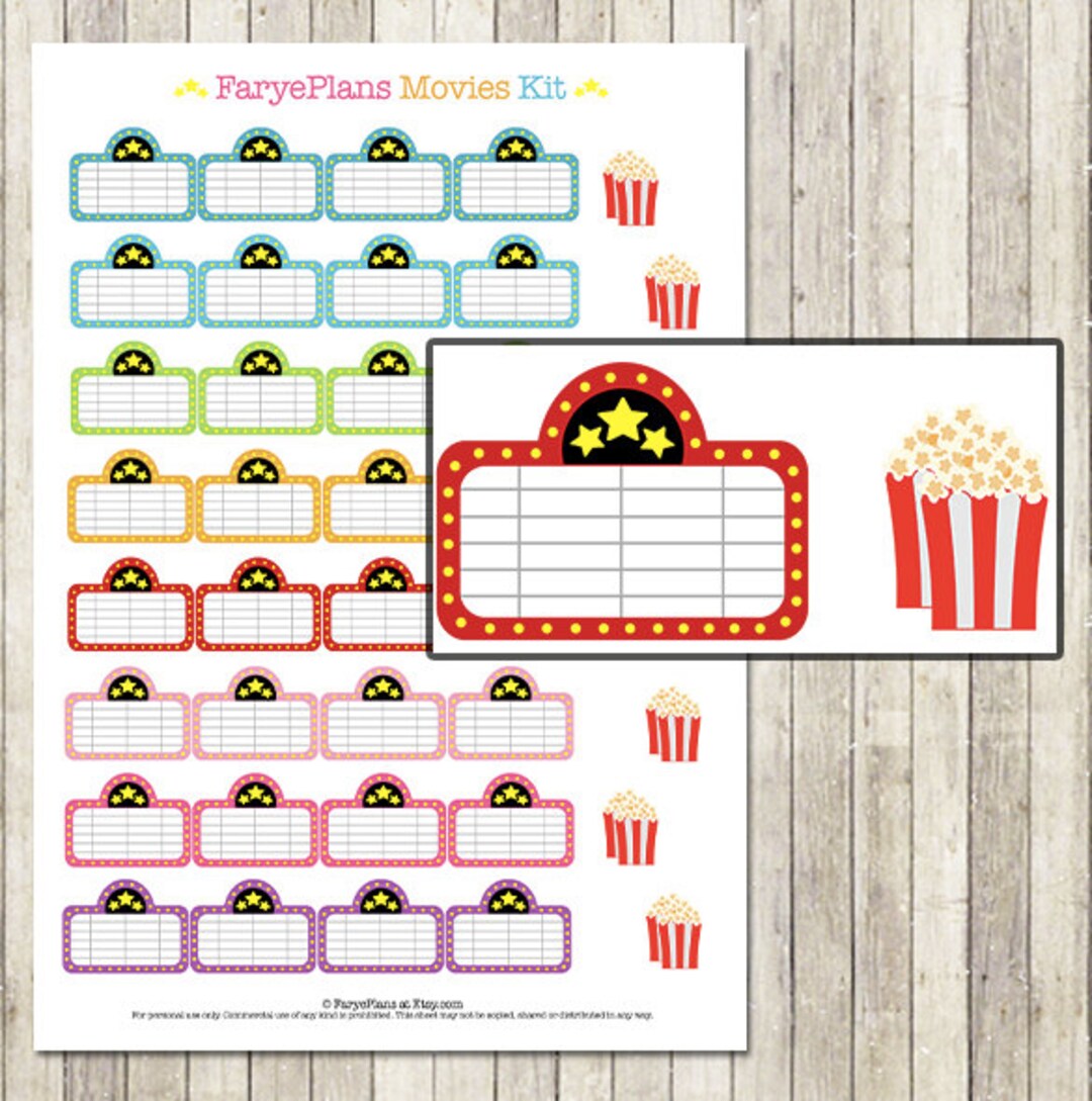 Movie Marquee Popcorn Printable Planner Stickers for Erin Condren ...