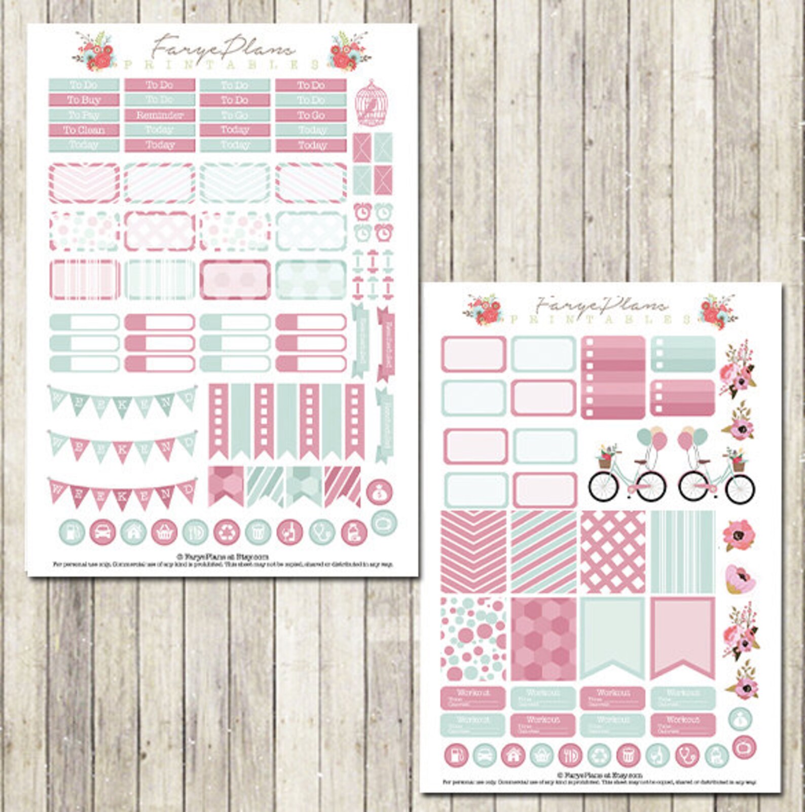 Floral Mint and Pink Printable Planner Stickers for Erin | Etsy