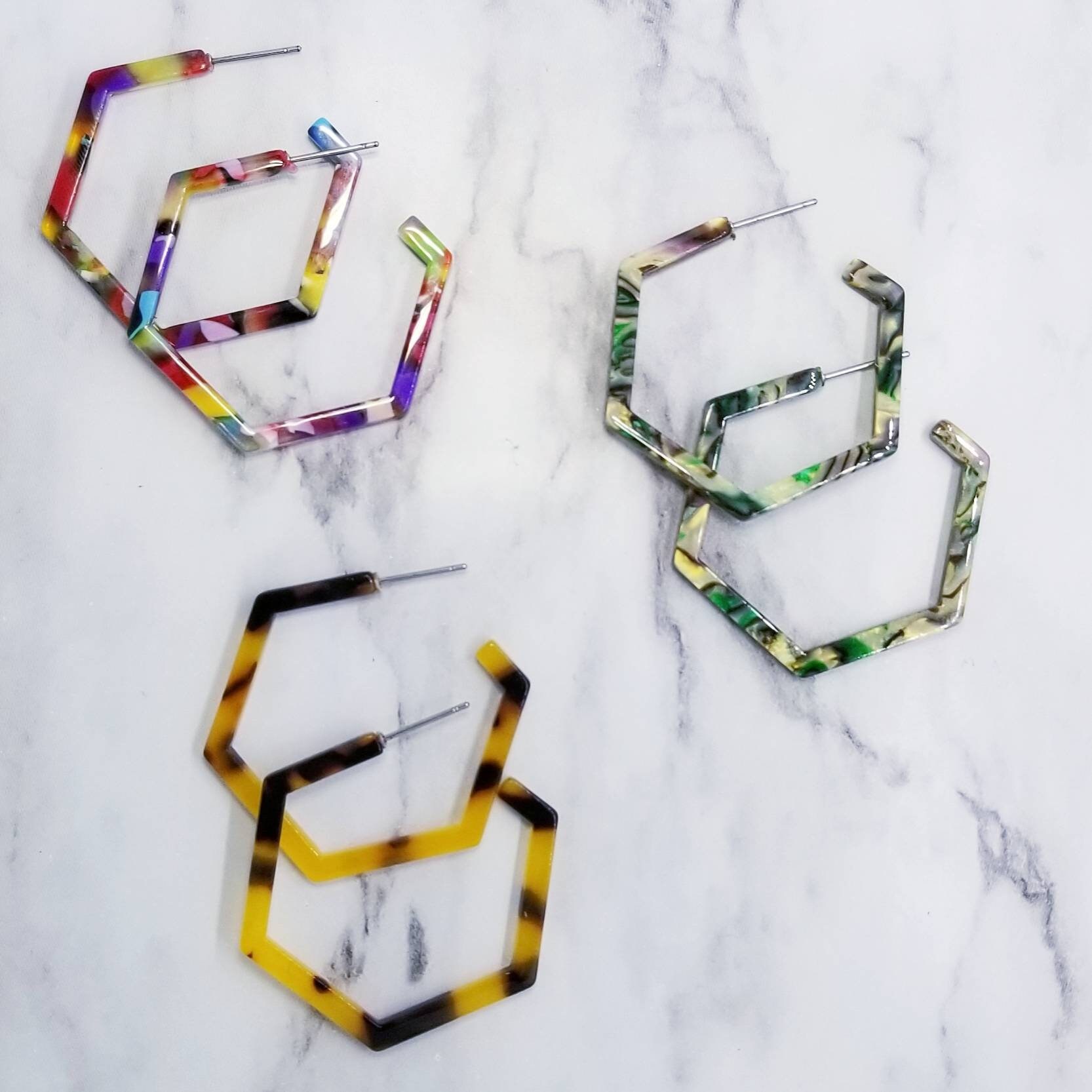 Abalone Hexagon Acetate Hoops