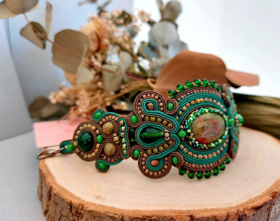 Large Green Cuff Bracelet, Olive Green Soutache Bracelet, Gemstone ...