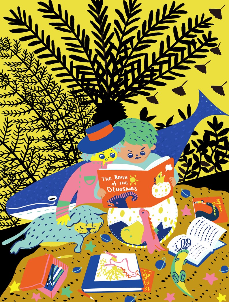 Dinosaur Reading Time Poster | Whimsical Art Print | Boy's Room Poster ...