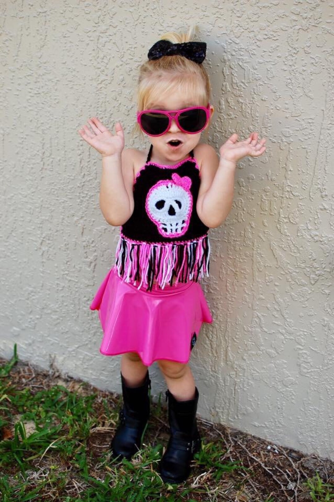 Crochet Kids Skull Crop Top, Pink and Black Crop Top, Crochet Crop Top ...