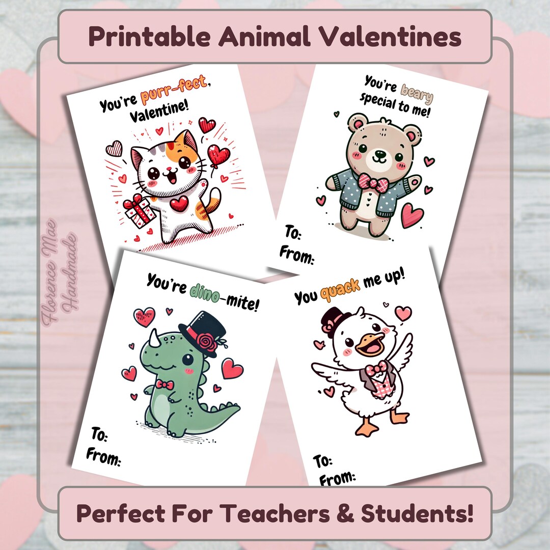 Printable Valentine Animals Cards for Classroom - Students Teachers ...