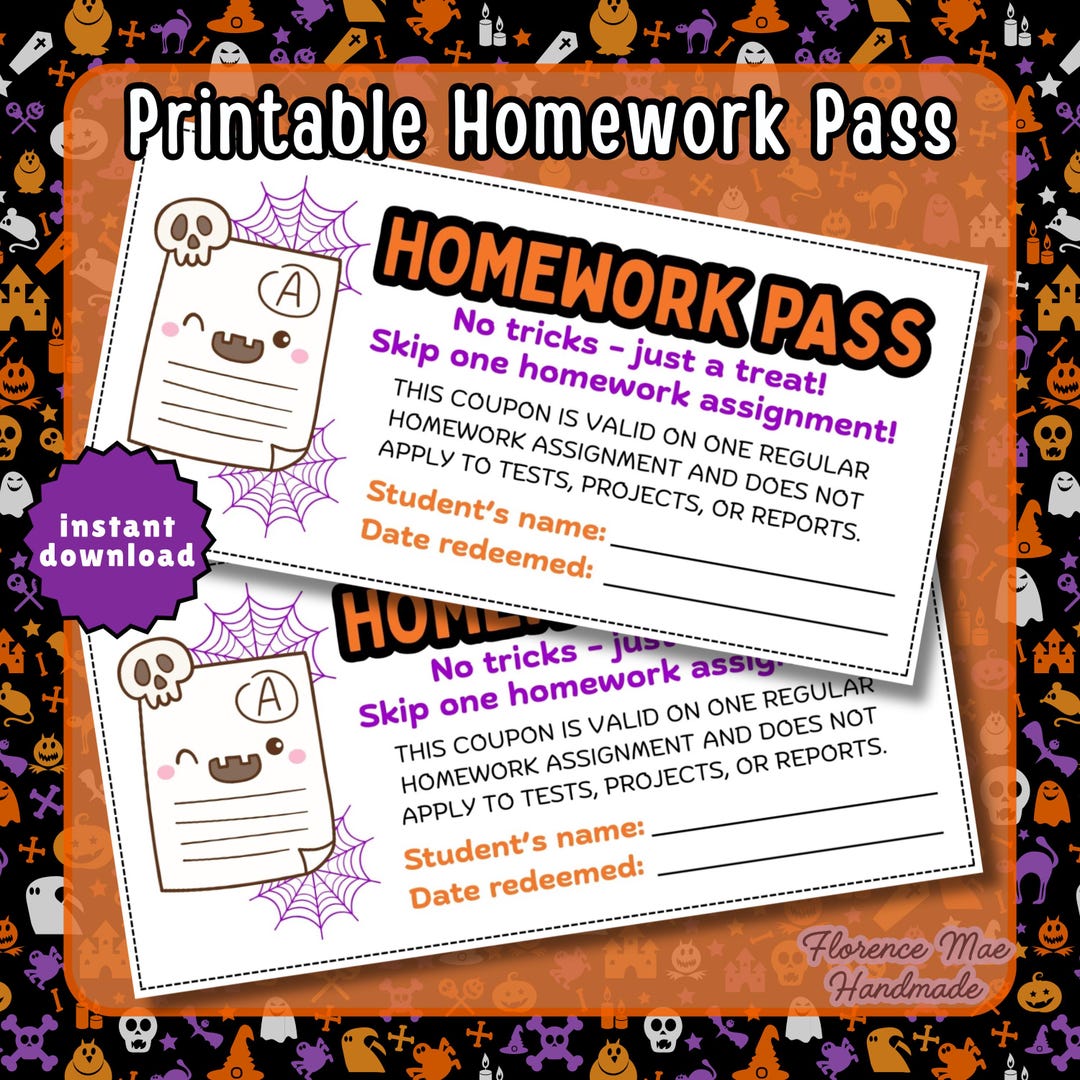 Halloween Classroom Printable - Homework Pass - Instant Digital ...