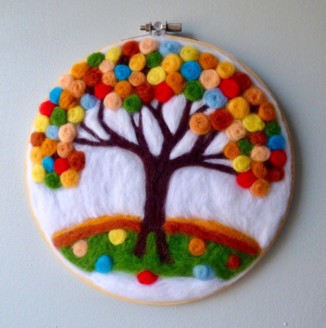 Handmade Needle Felted Tree Art in Wooden Hoop, Tree Wall Decor, Felted ...