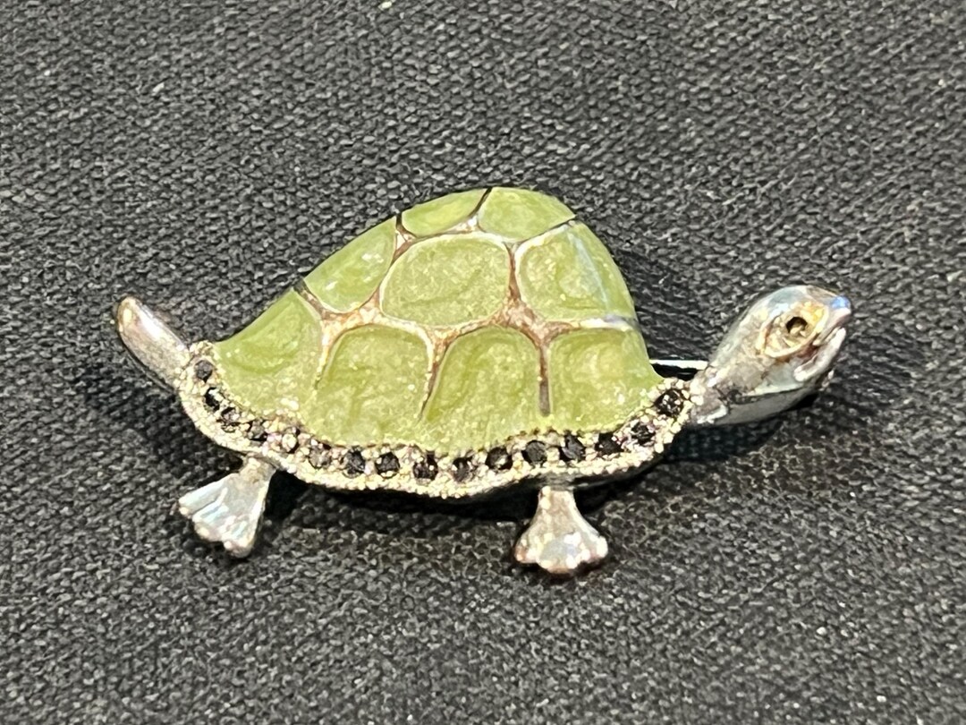 Vintage Silver-tone Green Enamel Black Rhinestone Turtle Brooch. 2” X 3 ...