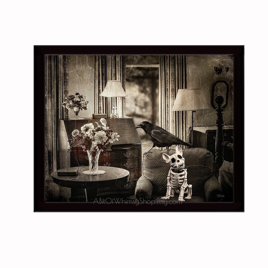 Whimsical Halloween Art, Black Crow, Dog Skeleton, Frenchie Skeleton ...