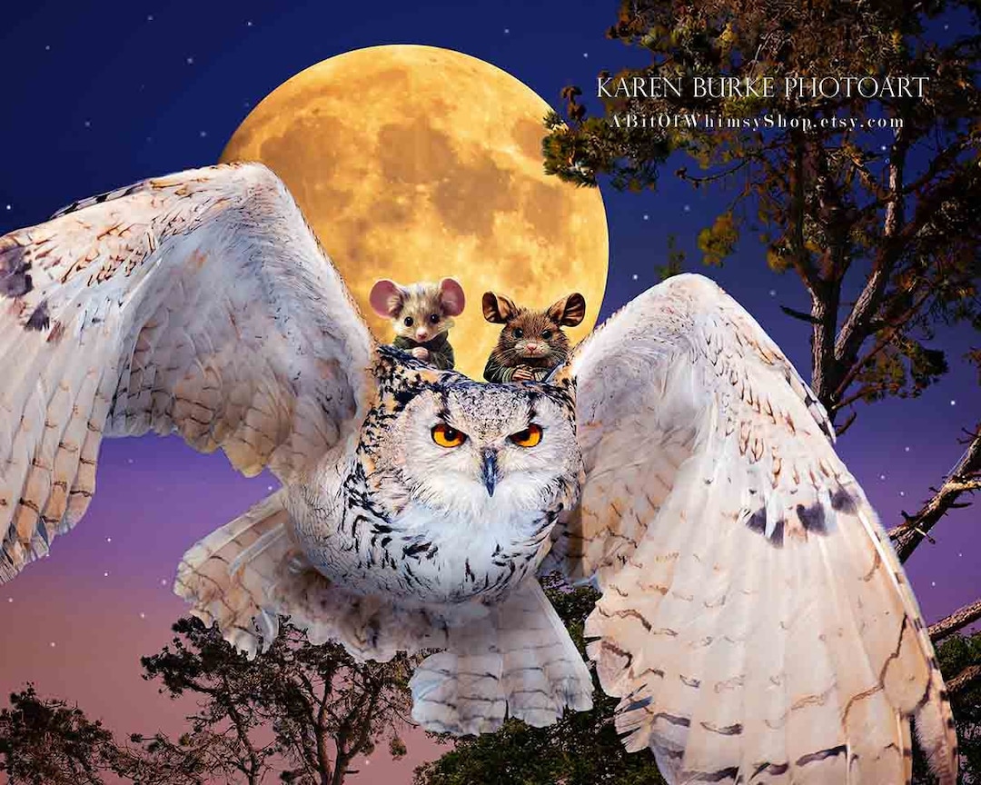Owl Lover Print, Fantasy Art, Magical, Full Moon, Night Sky, Adorable ...