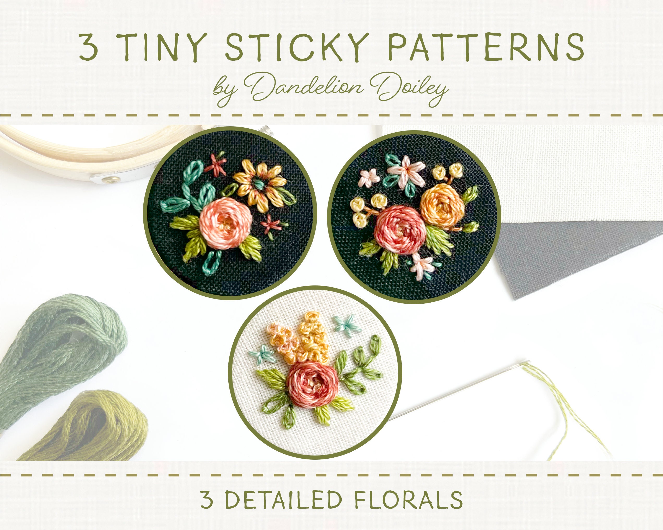 3 Sticky Embroidery Patterns / 25mm or 20mm / Detailed Florals ...