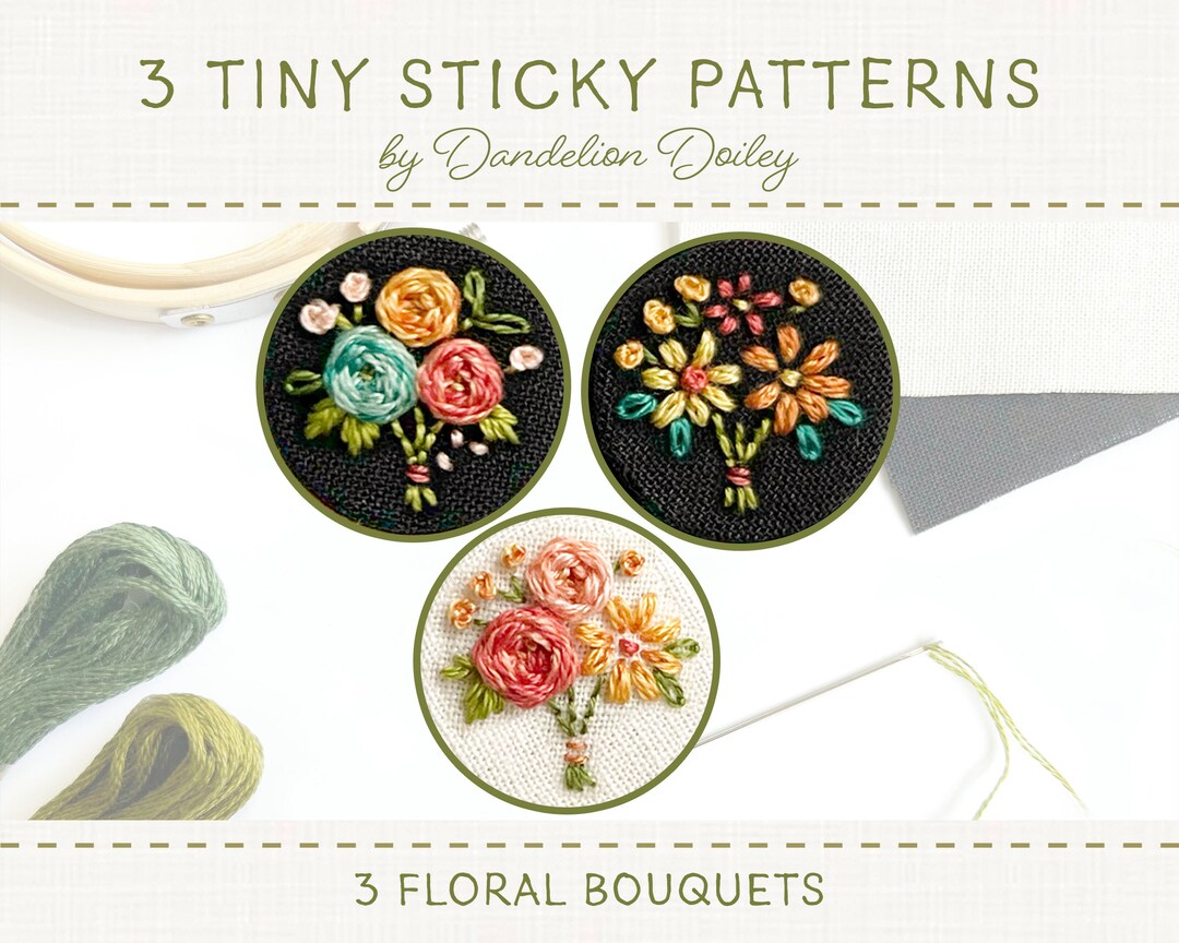 3 Sticky Embroidery Patterns / 25mm or 20mm / Floral Bouquets ...