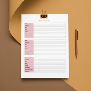 Class Information, Student Planner, Academic Planner Printable, College ...