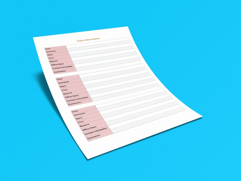 Class Information, Student Planner, Academic Planner Printable, College ...