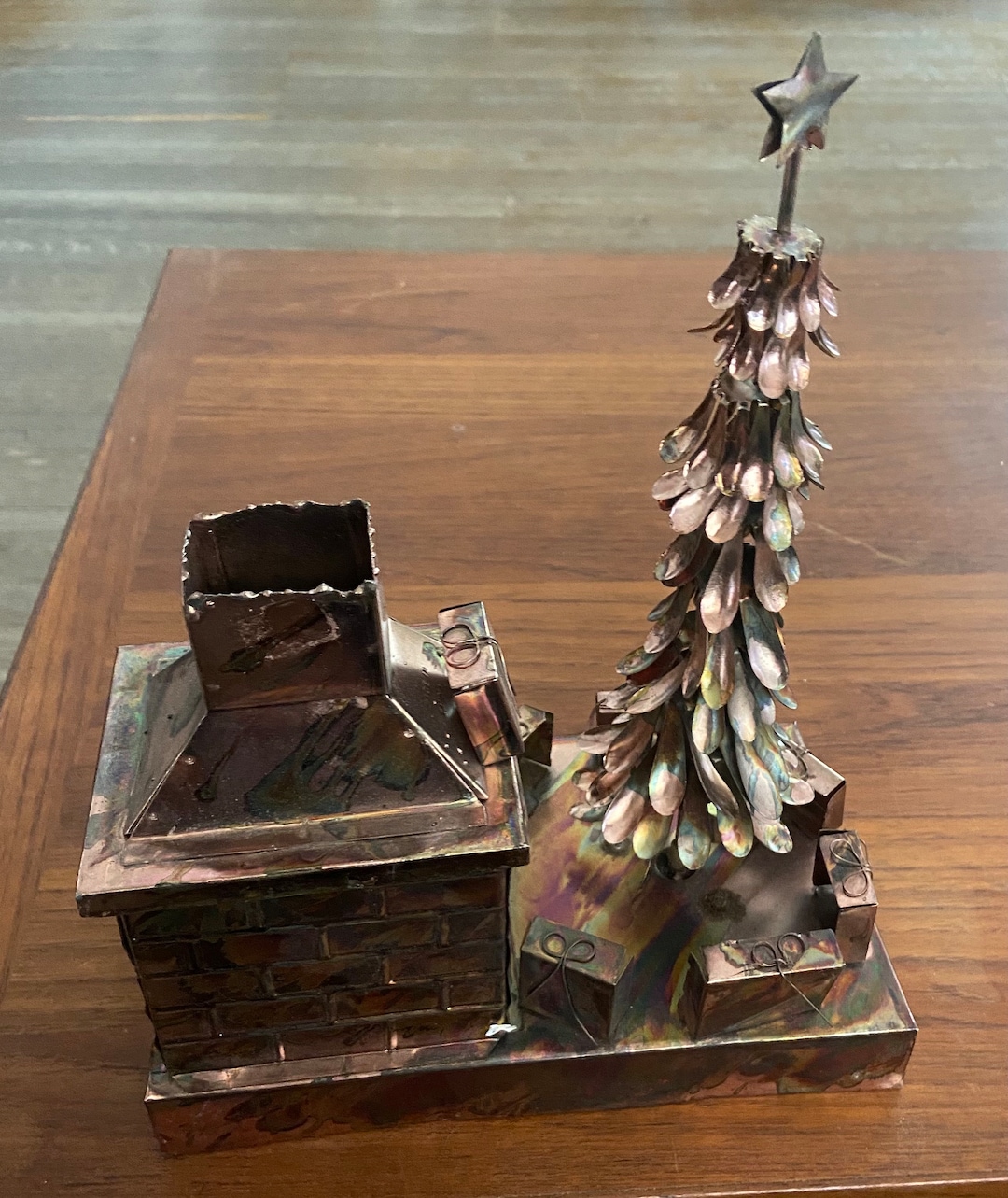 Vintage Tin Music Box With Fireplace and Christmas Tree. Turn Tree to ...