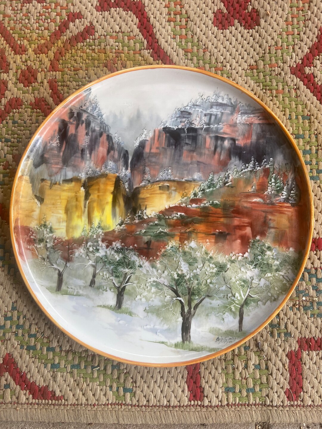 Vintage Large Hand Painted Charger Silver City NM. Gila Cliff Dwellings ...