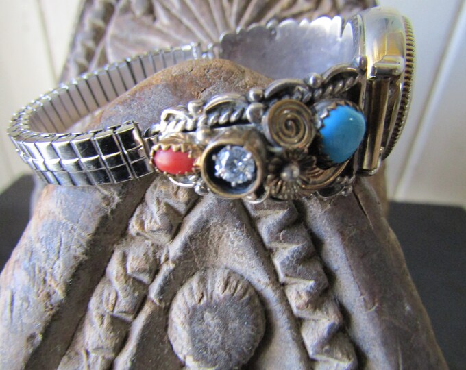 Sterling Silver Turquoise and Coral Watch, Native American Watchband - Etsy