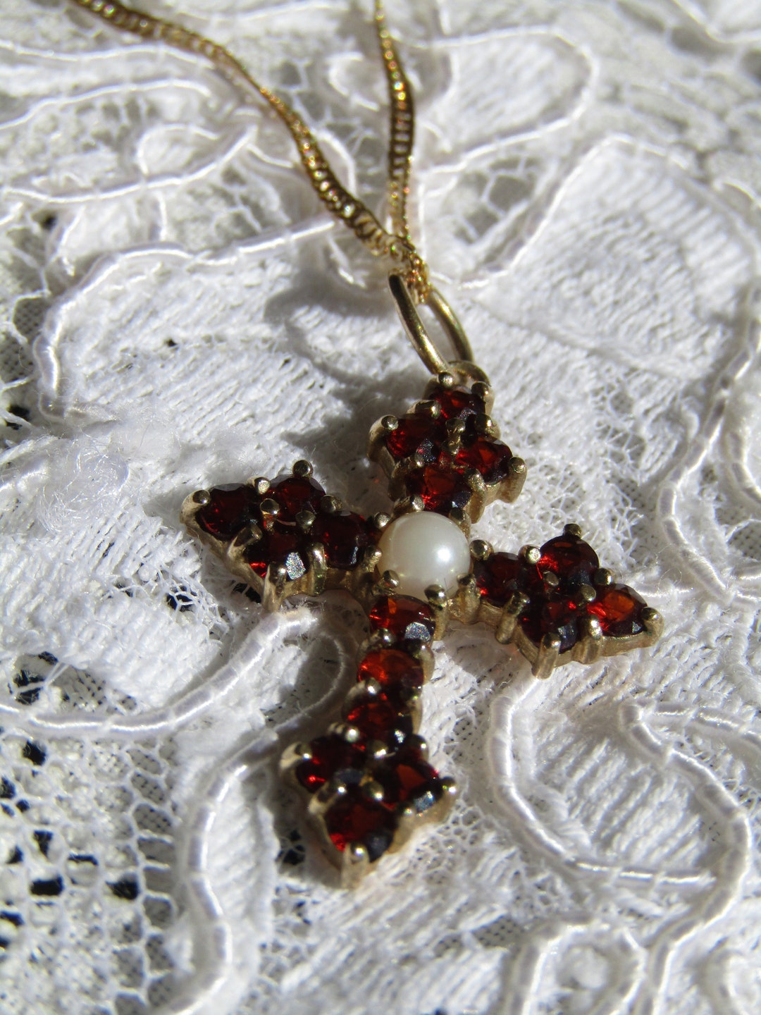 9k Gold Cross With Garnets and Pearl Garnishment, Gem-set 9 Kt. Gold ...
