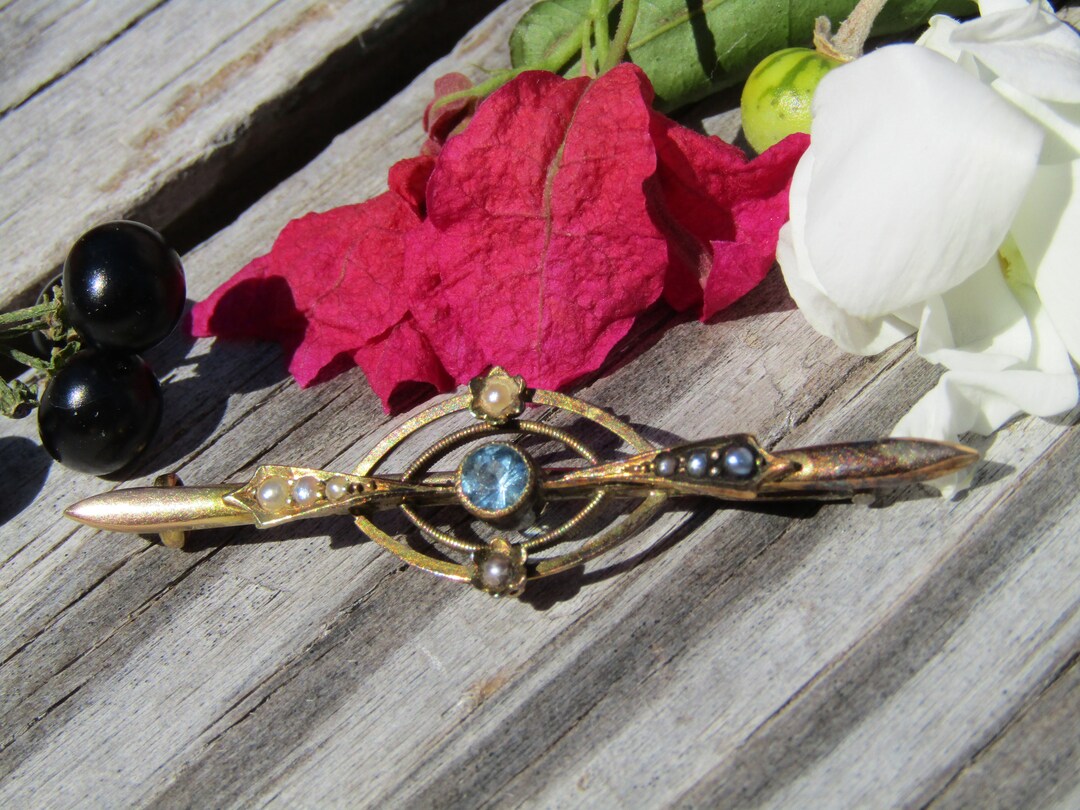 15 Kt. Gold & Topaz Pin, Antique Bar Brooch, Estate Jewelry, Edwardian ...