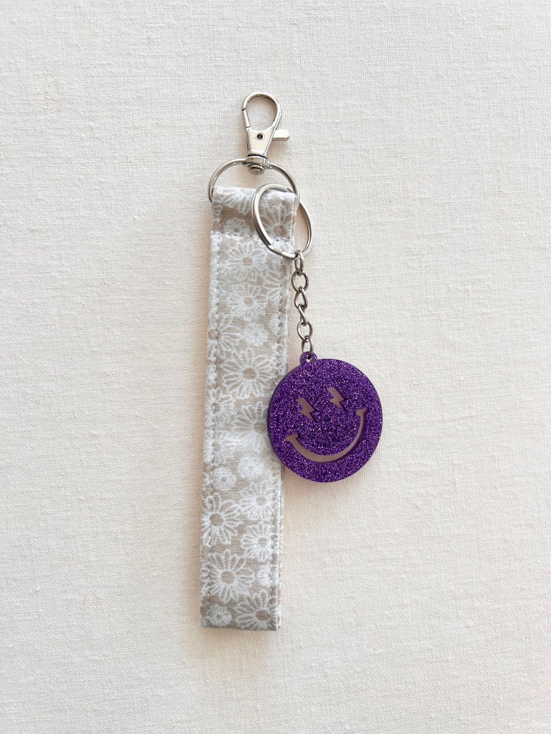 Wristlet Key Chain, Flower Key Chain, Fabric Key Chain. Purple Acrylic ...