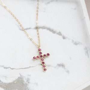 Ruby Cross Pendant Necklace 14K Solid Gold for Women - Genuine Natural ...