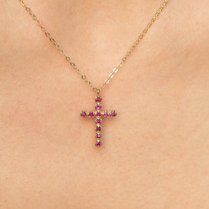 Ruby Cross Pendant Necklace 14K Solid Gold for Women - Genuine Natural ...