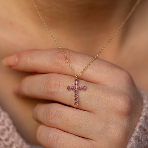Ruby Cross Pendant Necklace 14K Solid Gold for Women - Genuine Natural ...