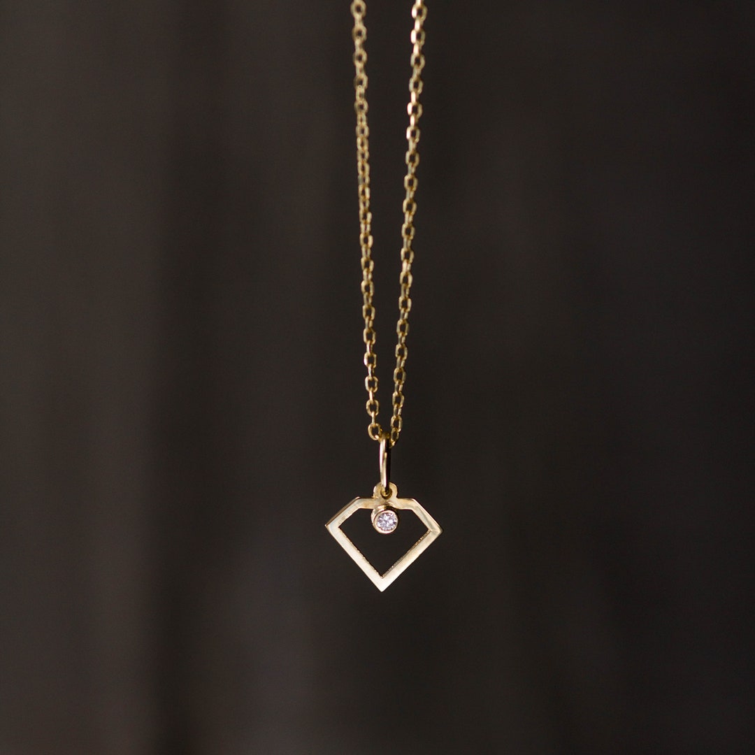 14K Solid Gold Necklace Diamond Geometric Diamond Shape Dainty Tiny ...