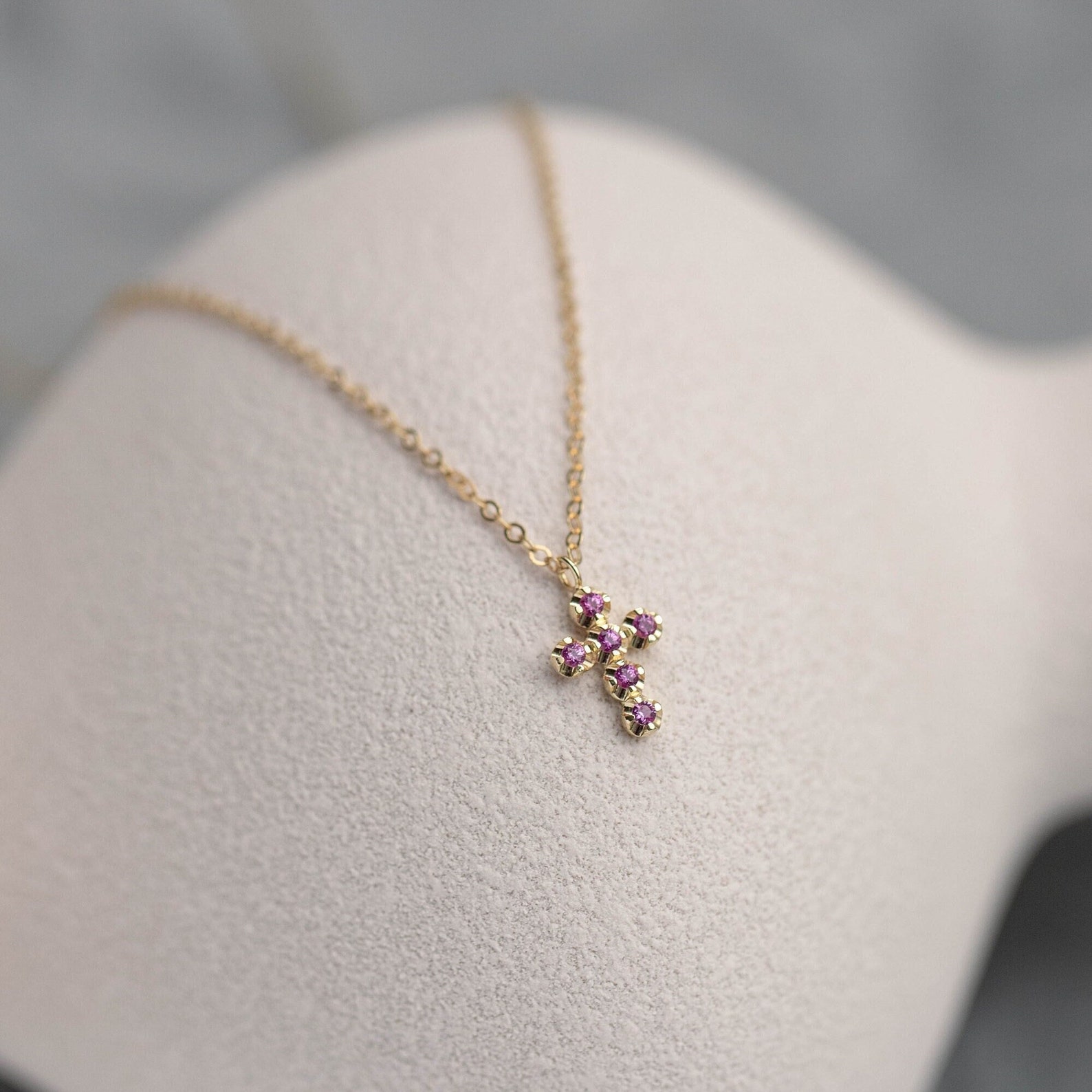 Dainty Cross Necklace 14K Gold Pink Sapphire - Small Cross Pendant With ...