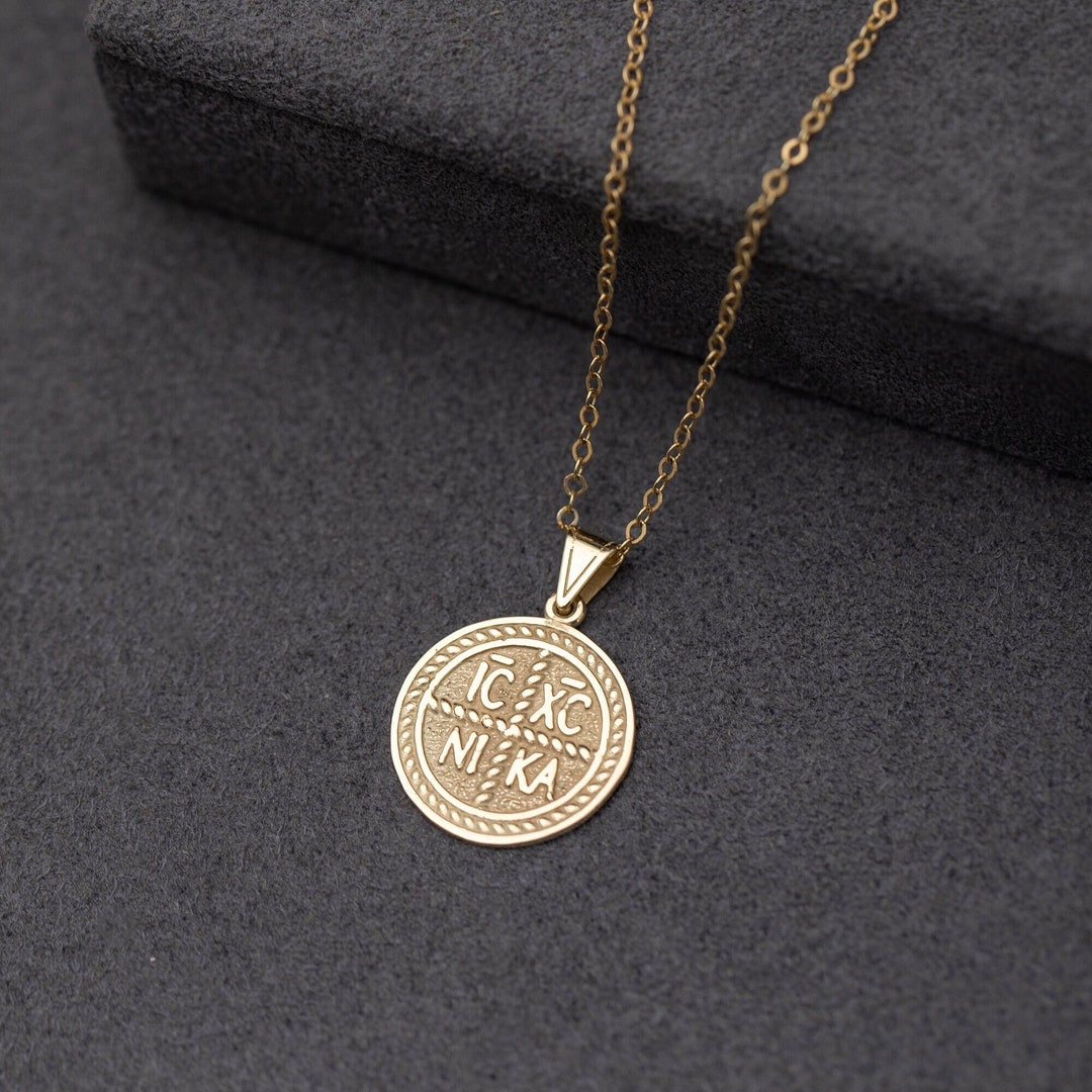 14K Solid Gold Constantine Coin Necklace: Byzantine Cross Pendant ...