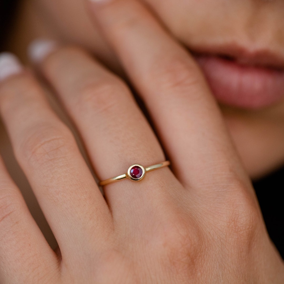 Ruby Ring 14K Gold Dainty Stacking Simple Red Stone Bezel Modern July ...