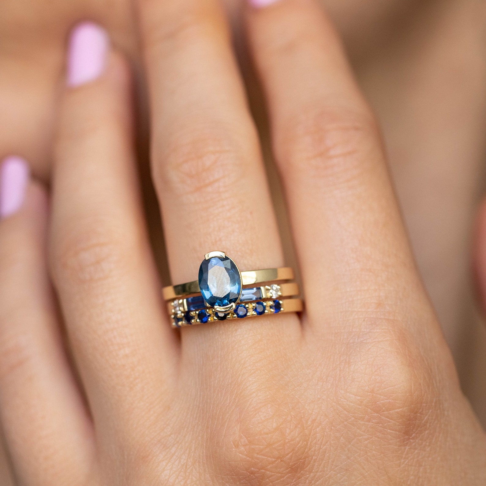 Blue Sapphire Engagement Ring Set 14K Gold Oval Natural - Etsy