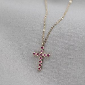 Ruby Cross Pendant Necklace 14K Solid Gold for Women - Genuine Natural ...
