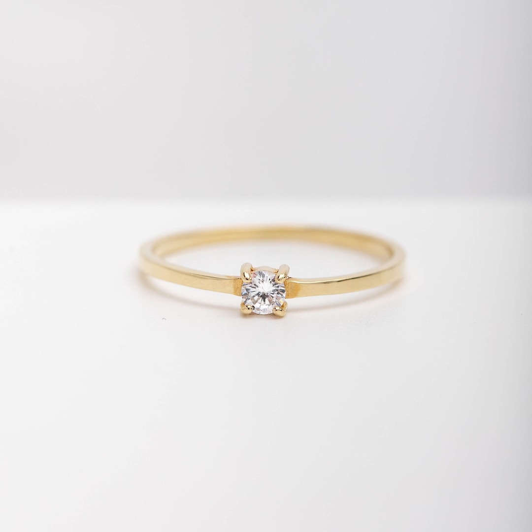 Simple Diamond Engagement Ring Solitaire 14K Solid Gold Dainty ...