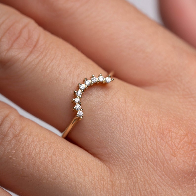 14K Gold Curved Diamond Wedding Band, Stacking Ring GR00075 - Etsy