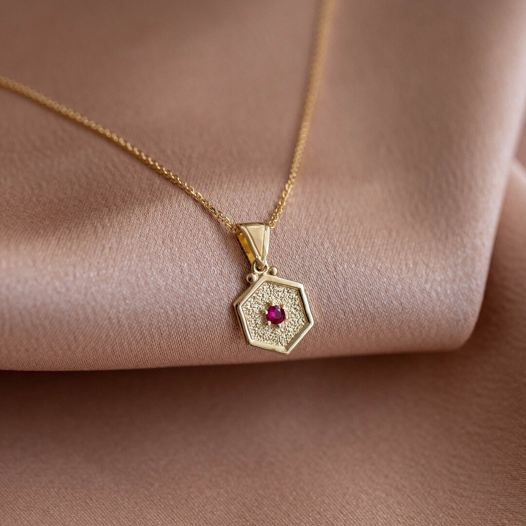 14K Gold Ruby Hexagon Pendant Necklace: July Birthstone Gift GN00053 - Etsy