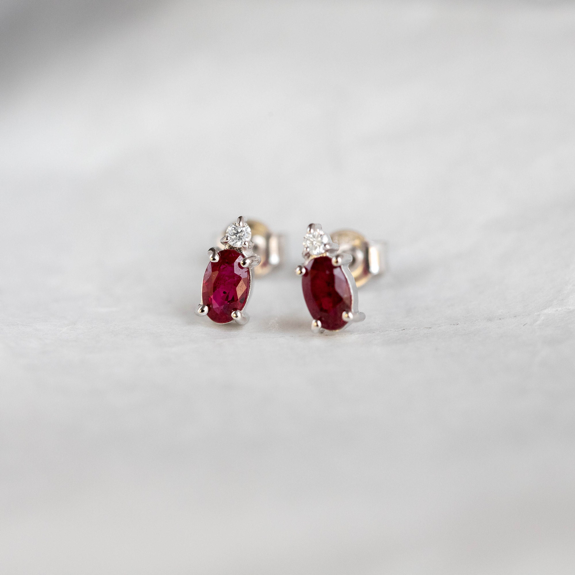 Dainty Oval Ruby Earrings – 14K White Gold Studs With Diamonds GE00080 ...