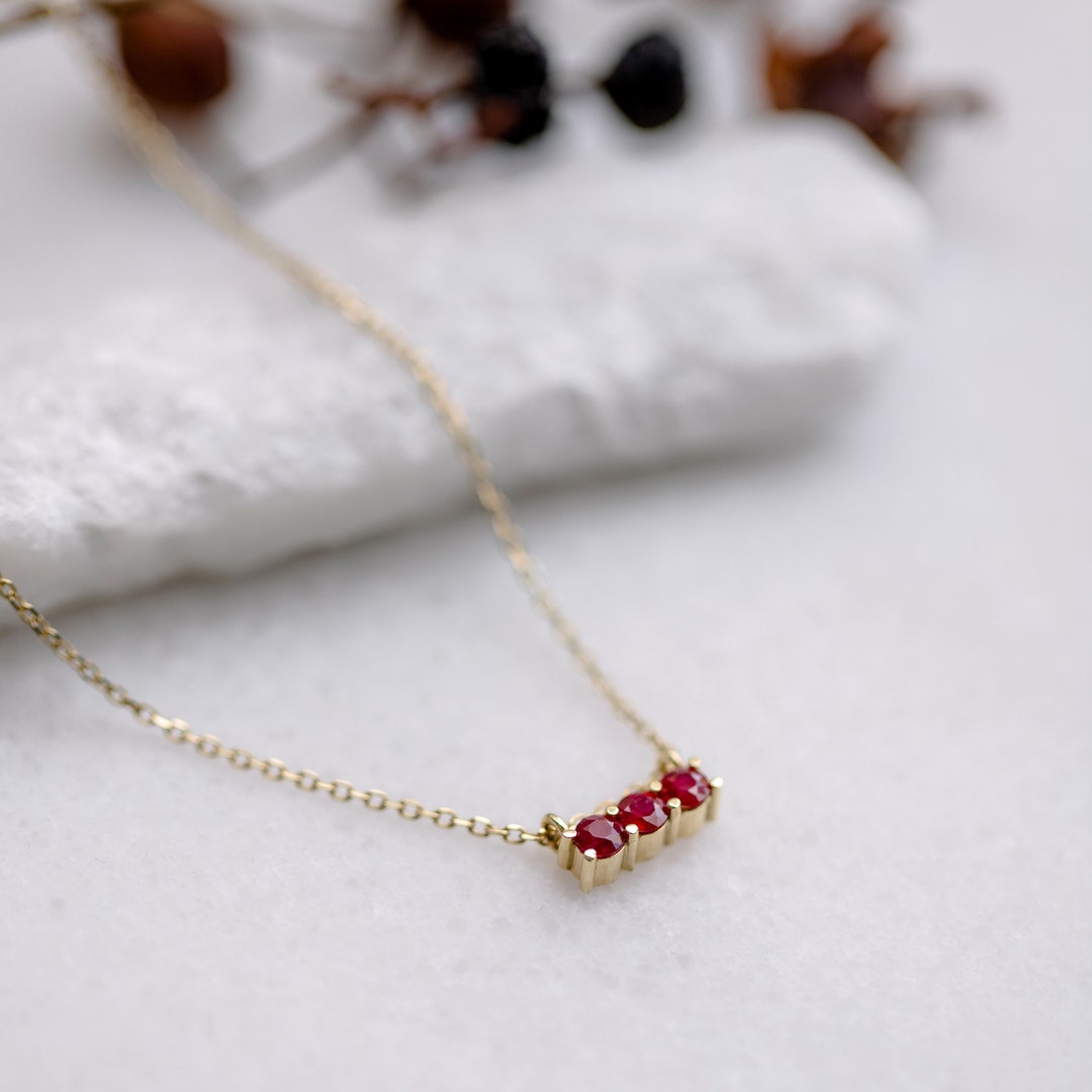 Ruby Necklace in Solid Gold 14K - 3 Red Stone Ruby Bar Necklace Layered ...