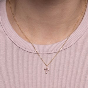 Dainty Cross Necklace 14K Gold Pink Sapphire - Small Cross Pendant With ...